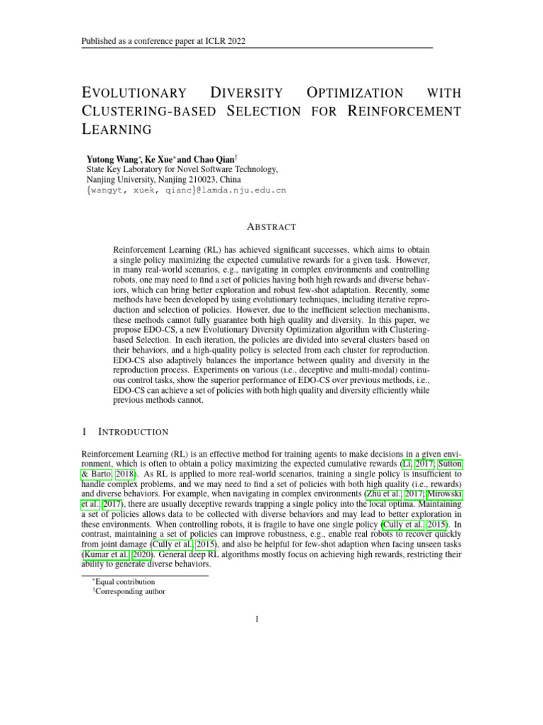 Evolutionary Diversity Optimization With Clustering-based Selection for Reinforcement Learning ...