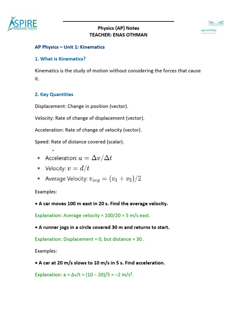 AP Physics Unit1 (Kinematics) | PDF | Acceleration | Velocity