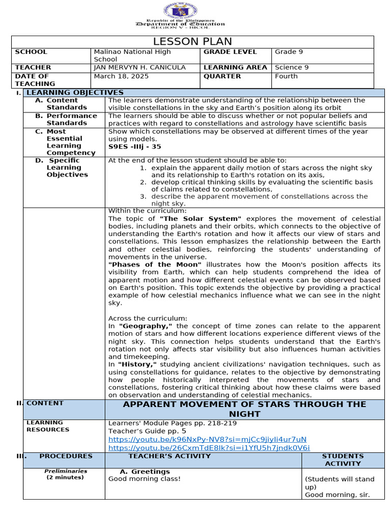 LESSON PLAN. APPARENT MOVEMENT OF THE STAR THROUGH THE SKY. docx (1 ...