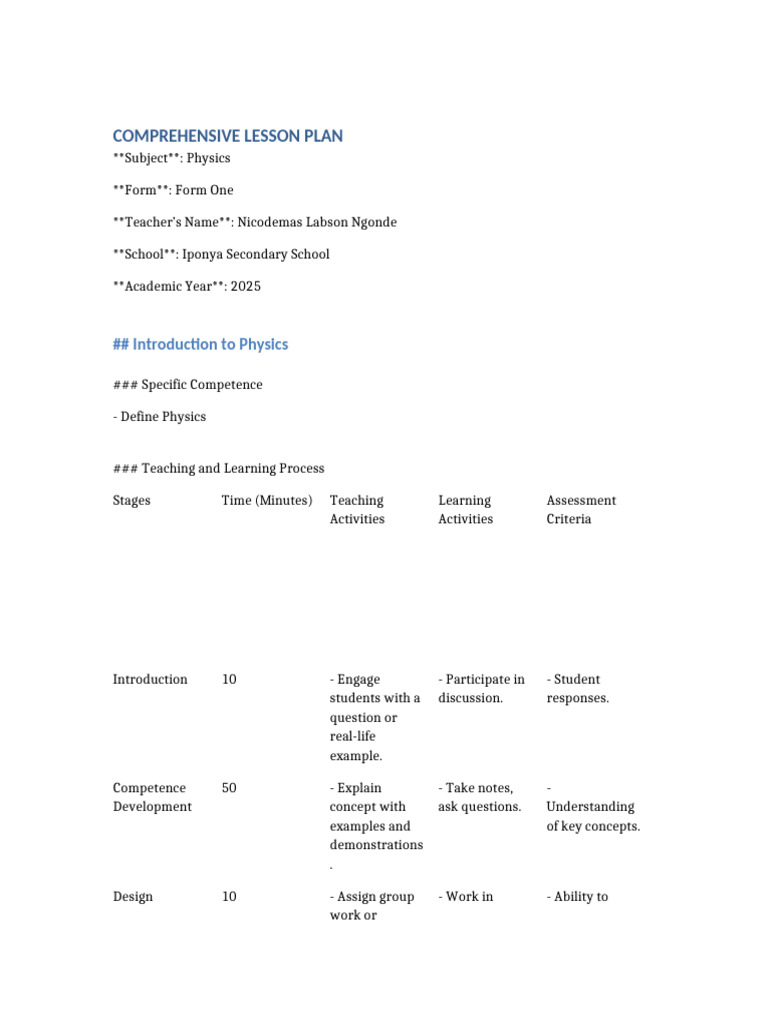 Form One Physics Lesson Plan | PDF | Lesson Plan | Learning