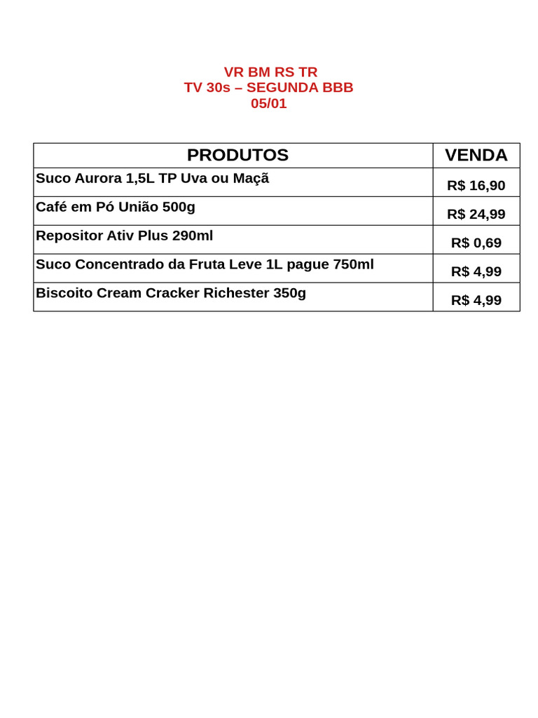 Lista Tv 30s Segunda Vr,Bm,Rs,Tr (1) (1) | PDF