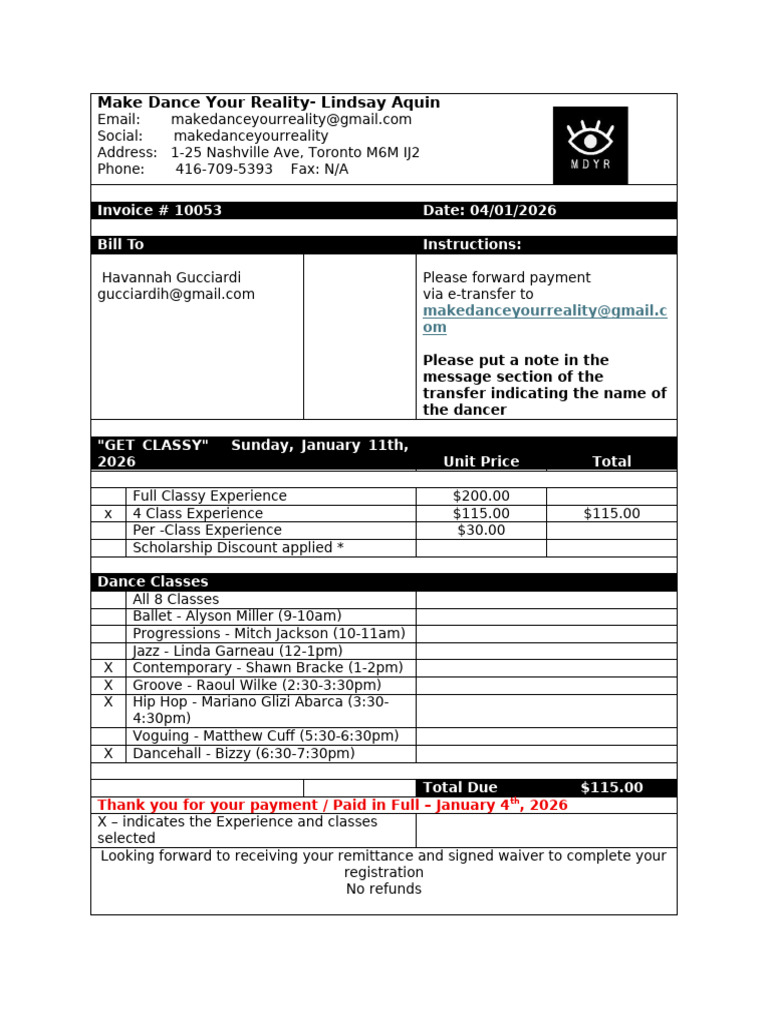 10053 - Havannah Gucciardi Get Classy Invoice Jan 11 2026 | PDF