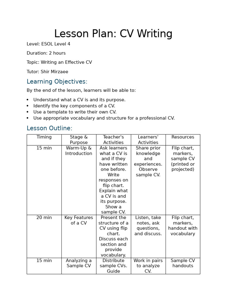 5. CV Writing Lesson Plan | PDF | Lesson Plan | Pedagogy