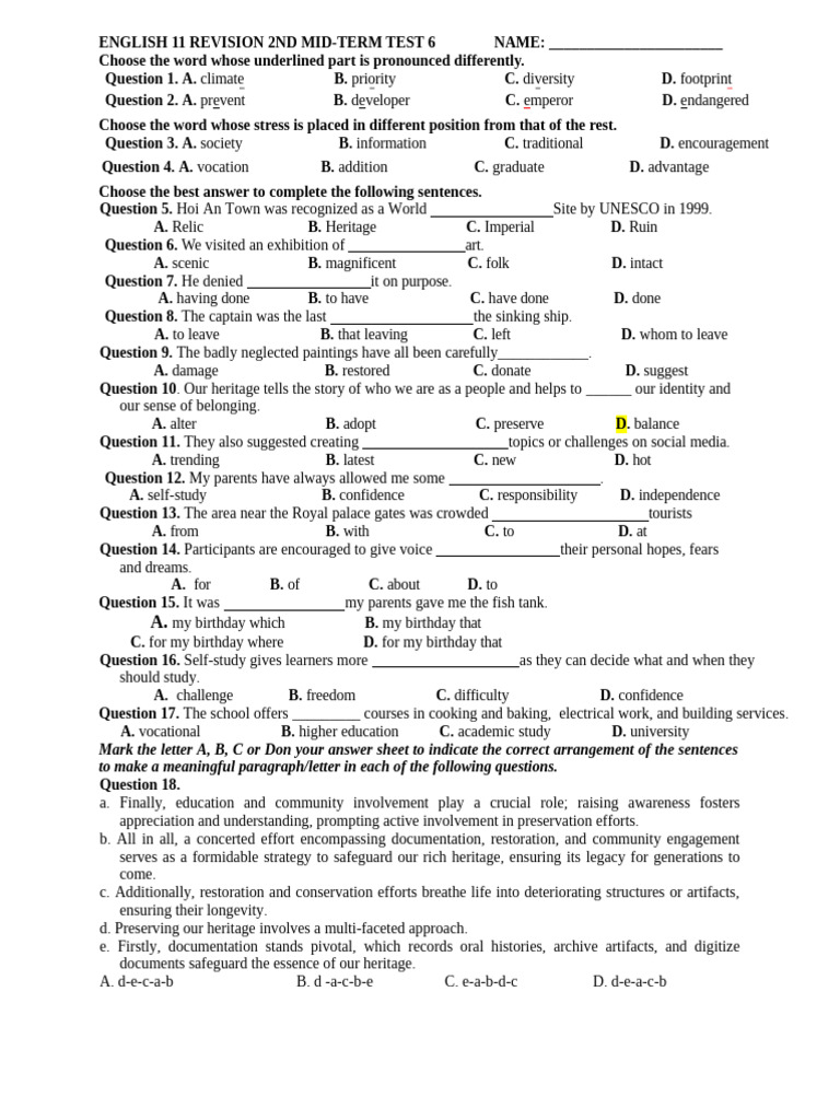 English 11 Mid-Term Test Revision | PDF | Vocational Education