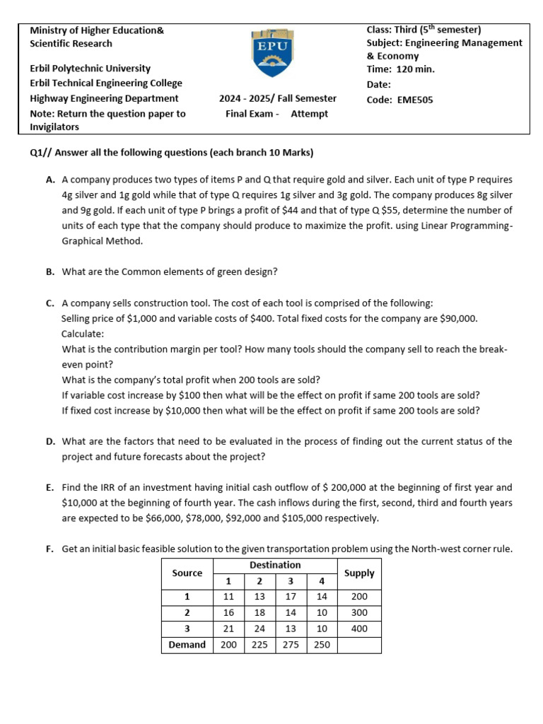 Engineering Management Exam Questions | PDF | Profit (Economics ...