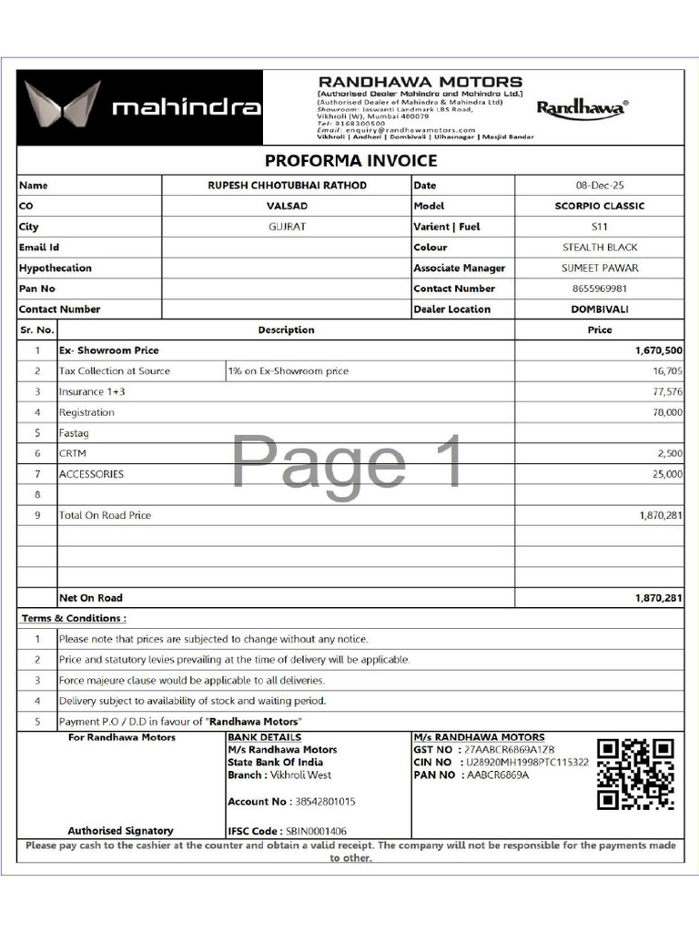 Randhava Motors Quotation | PDF