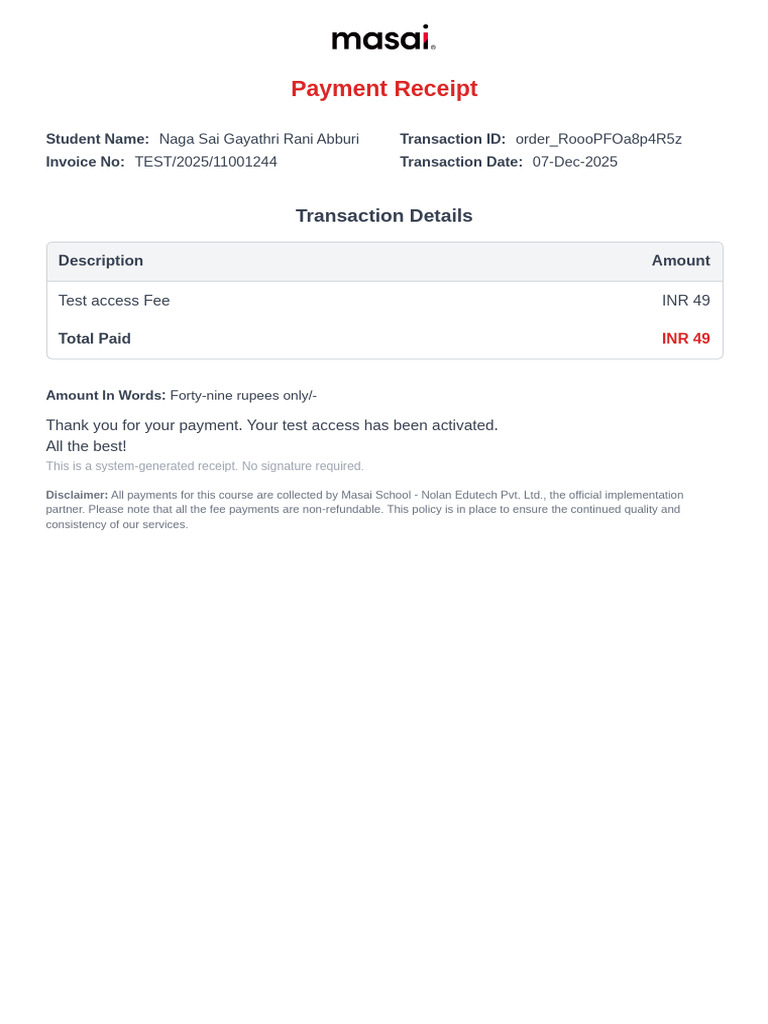 Payment Receipt for Test Access Fee | PDF