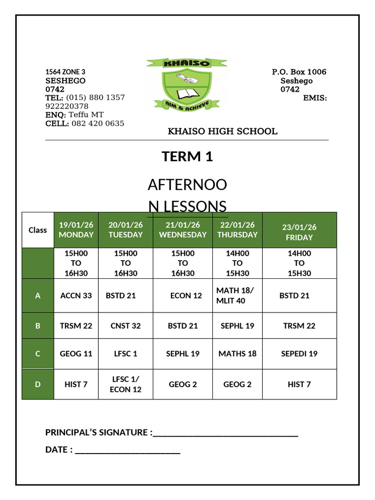 Khaiso High School Term 1 Schedule | PDF