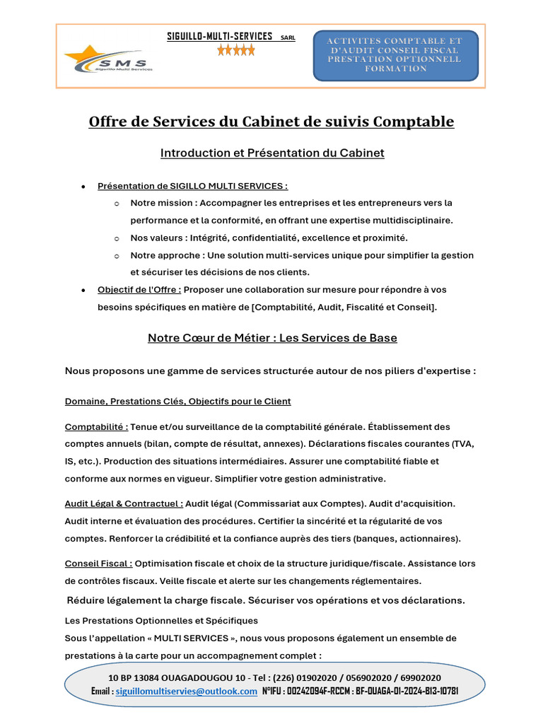 Services Comptables et Fiscaux à Ouagadougou | PDF | Audit | Comptabilité