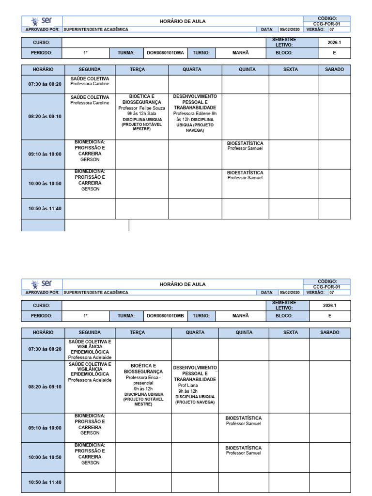Ccg-For-01 - Horário de Aula Biomedicina Manha 20261 | PDF | Bioética ...