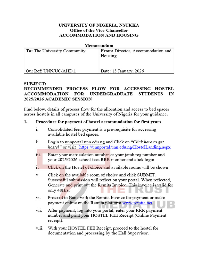 Hostel Accommodation Process for UNN 2025/26 | PDF | Higher Education