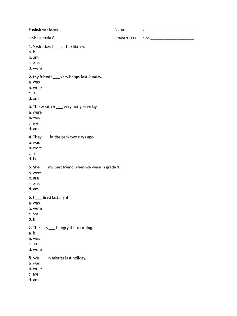 English Worksheet Grade 6 Unit 3 | PDF