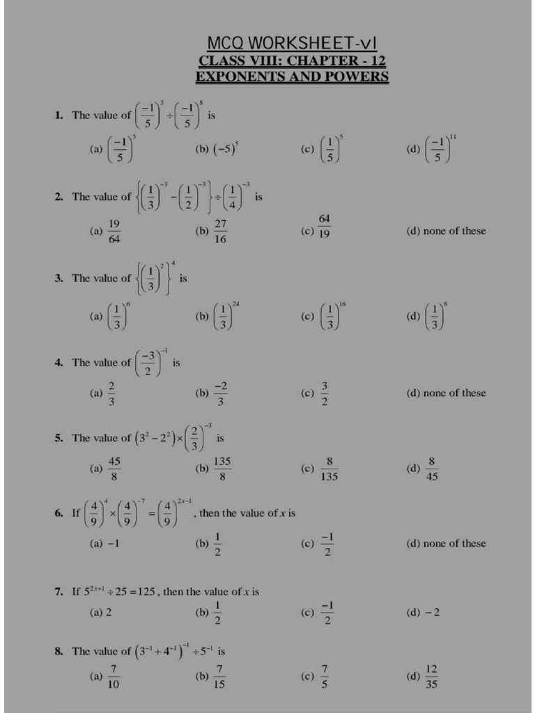 Grade - 8, Exponent and Power Worksheet | PDF
