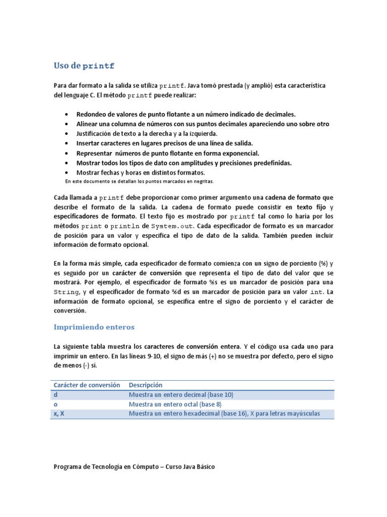 Uso de Printf | PDF | Decimal | Java (lenguaje de programación)