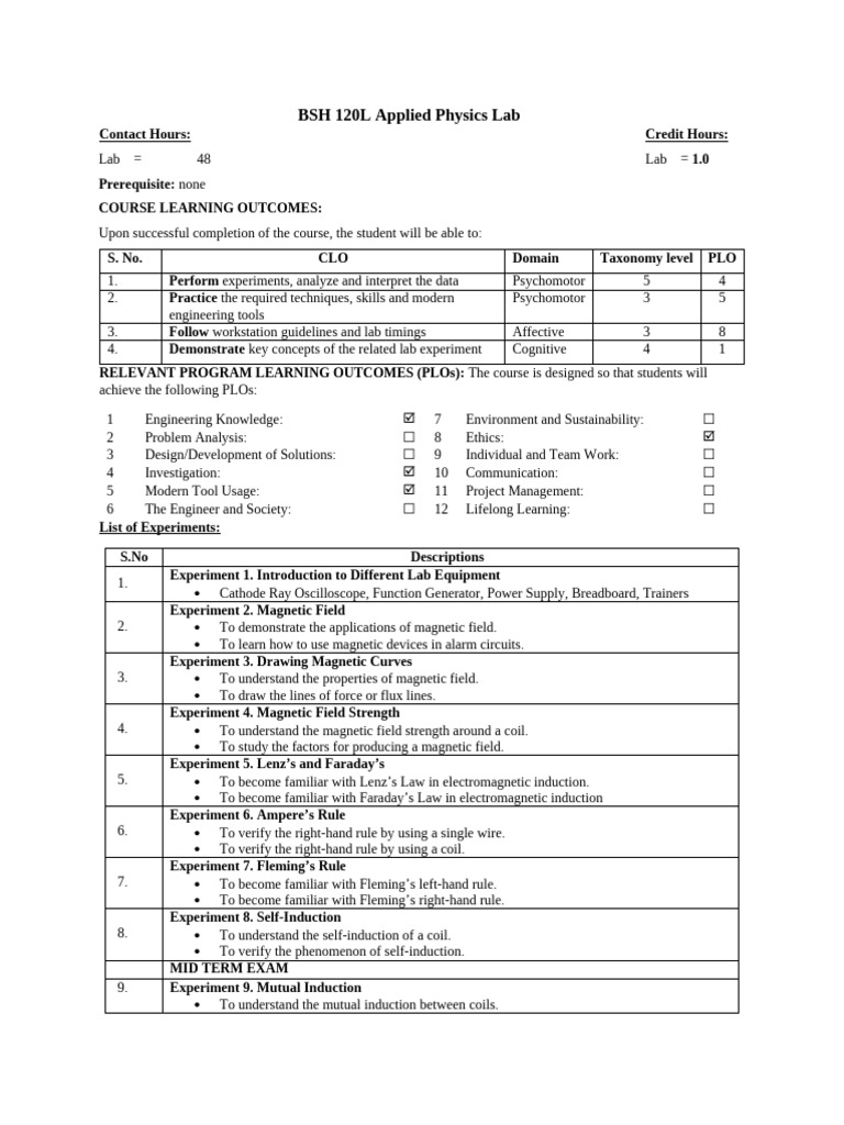 BSH 120L Applied Physics Lab Overview | PDF | Electromagnetic Induction ...