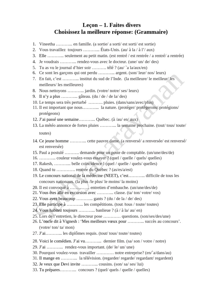 Quiz de grammaire française : choix multiples | PDF | Ouverture (échecs ...