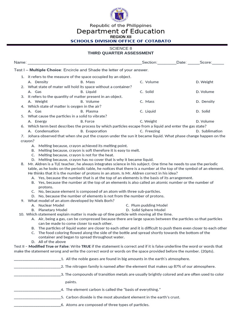Science 8 Third Quarter Assessment | PDF | Chemical Elements | Liquids