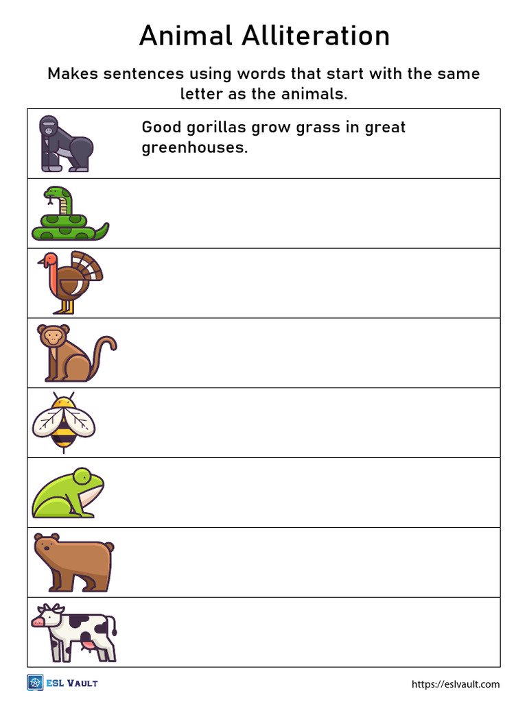 Animal Alliteration Sentences Guide | PDF