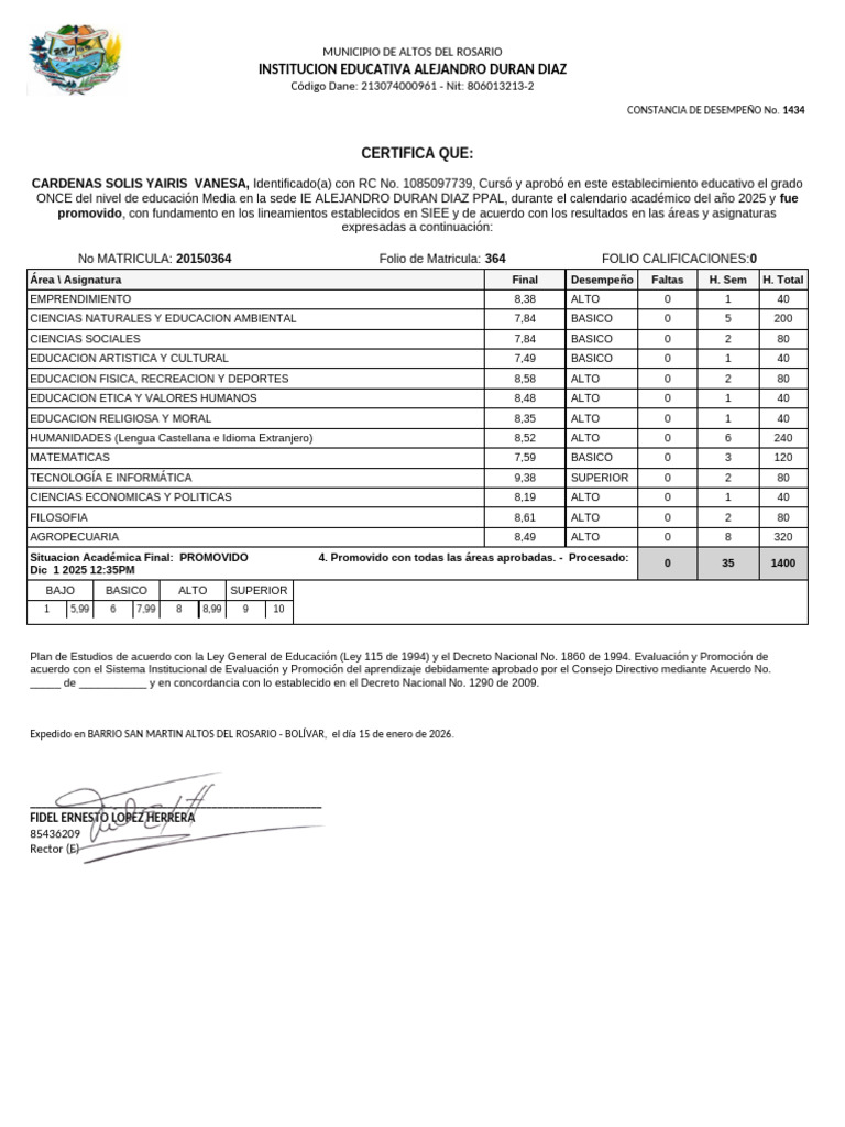 Certificado definitivo por área nota definitiva - Estudiante - 2026-01-15T120934.705 | PDF ...