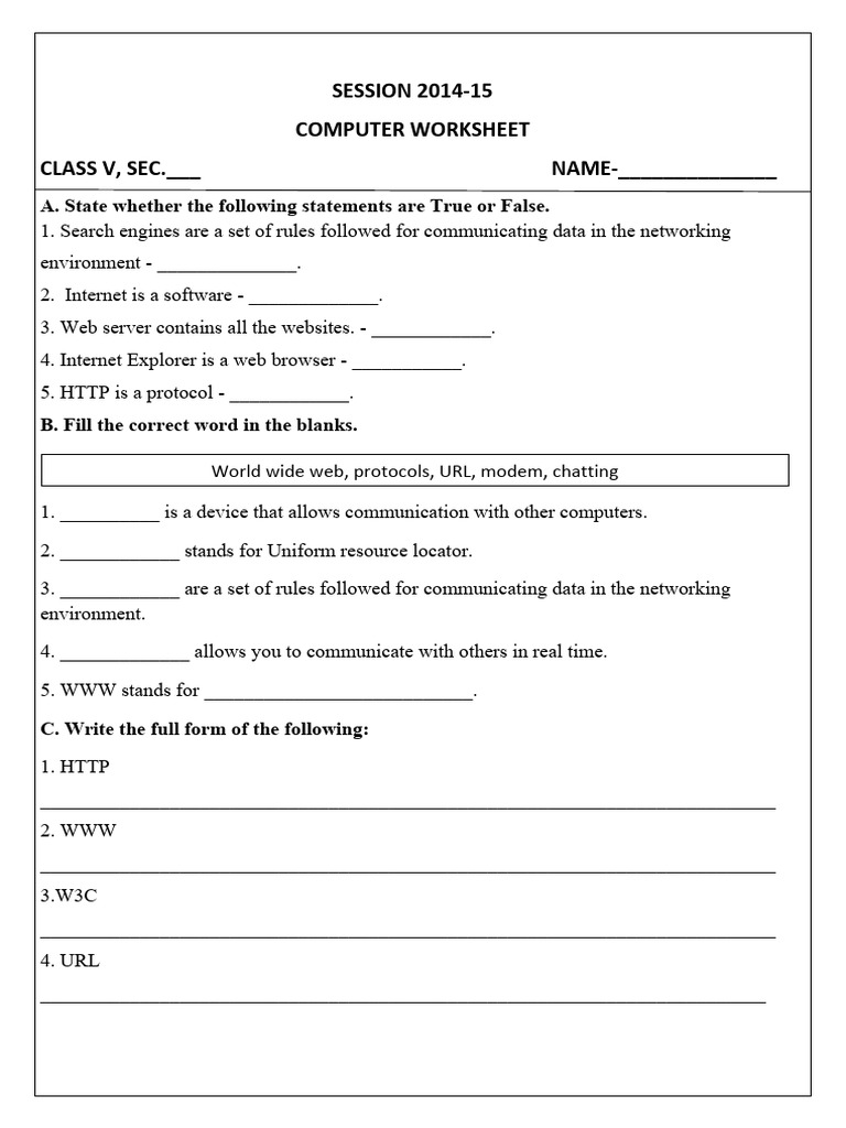 Computer Worksheet for Class V Students | PDF | World Wide Web ...