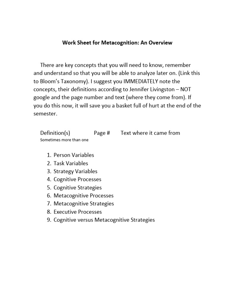 Metacognition Concepts Worksheet | PDF