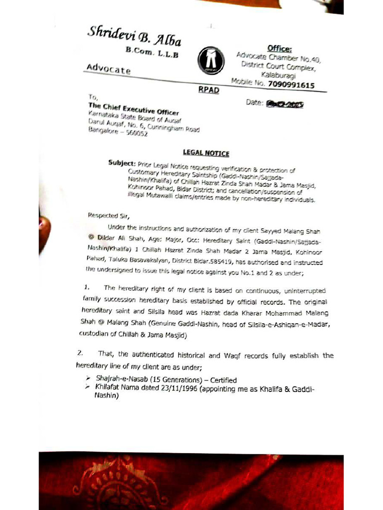Legal Notice by Shridevi Advocate Kalaburgi District Court | PDF