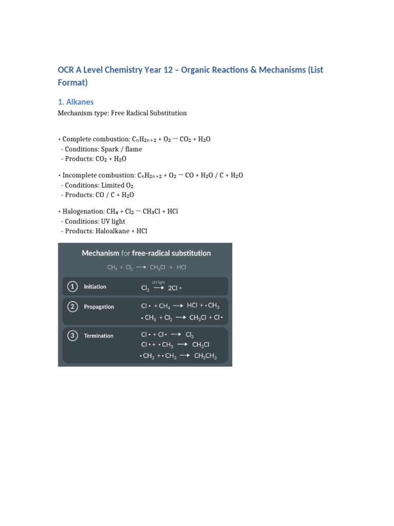 OCR a Chemistry Year12 Organic Reactions List Format | PDF