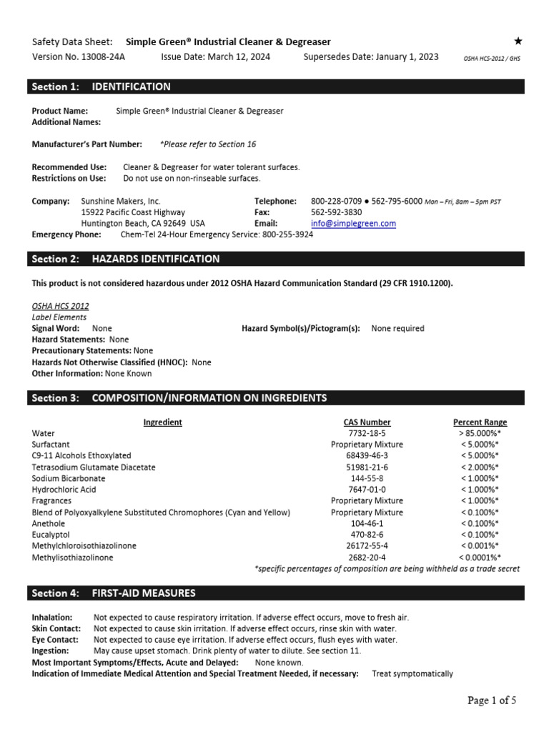 Simple Green Industrial Cleaner SDS | PDF | Occupational Safety And ...