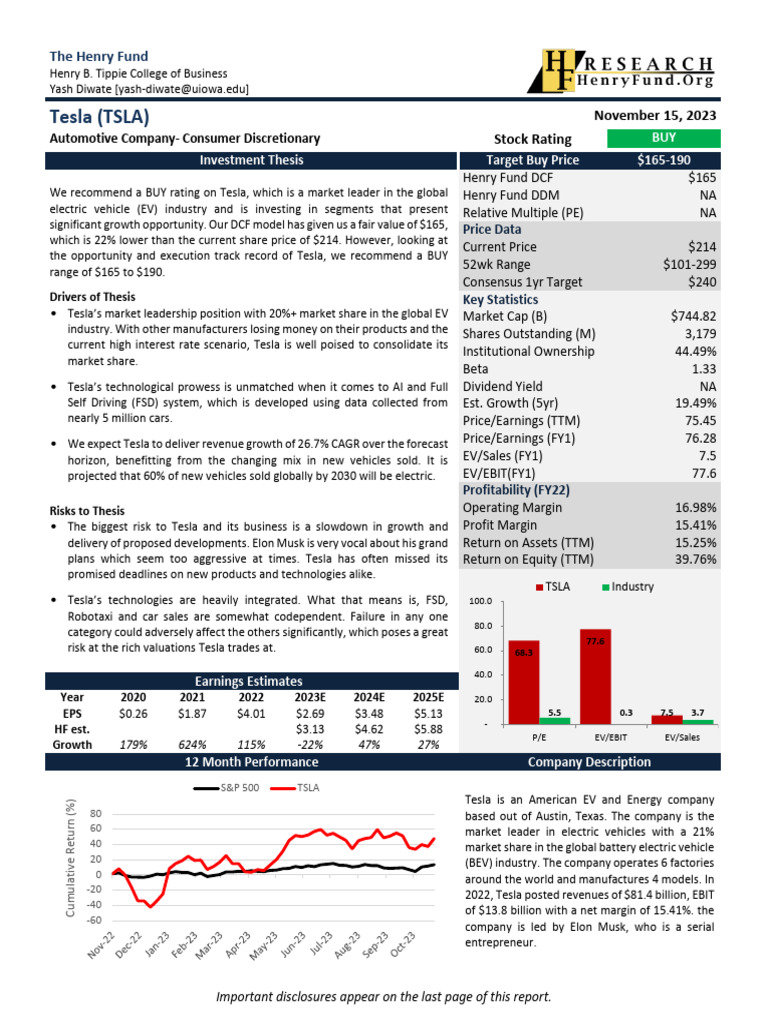 Tesla - Henry Fund - Fall 23 | PDF | Electric Vehicle | Tesla Model S