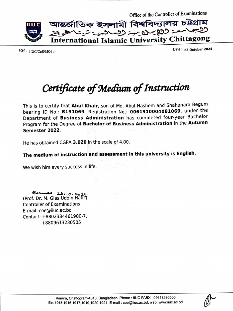Bachelor of Business Administration Certificate | PDF