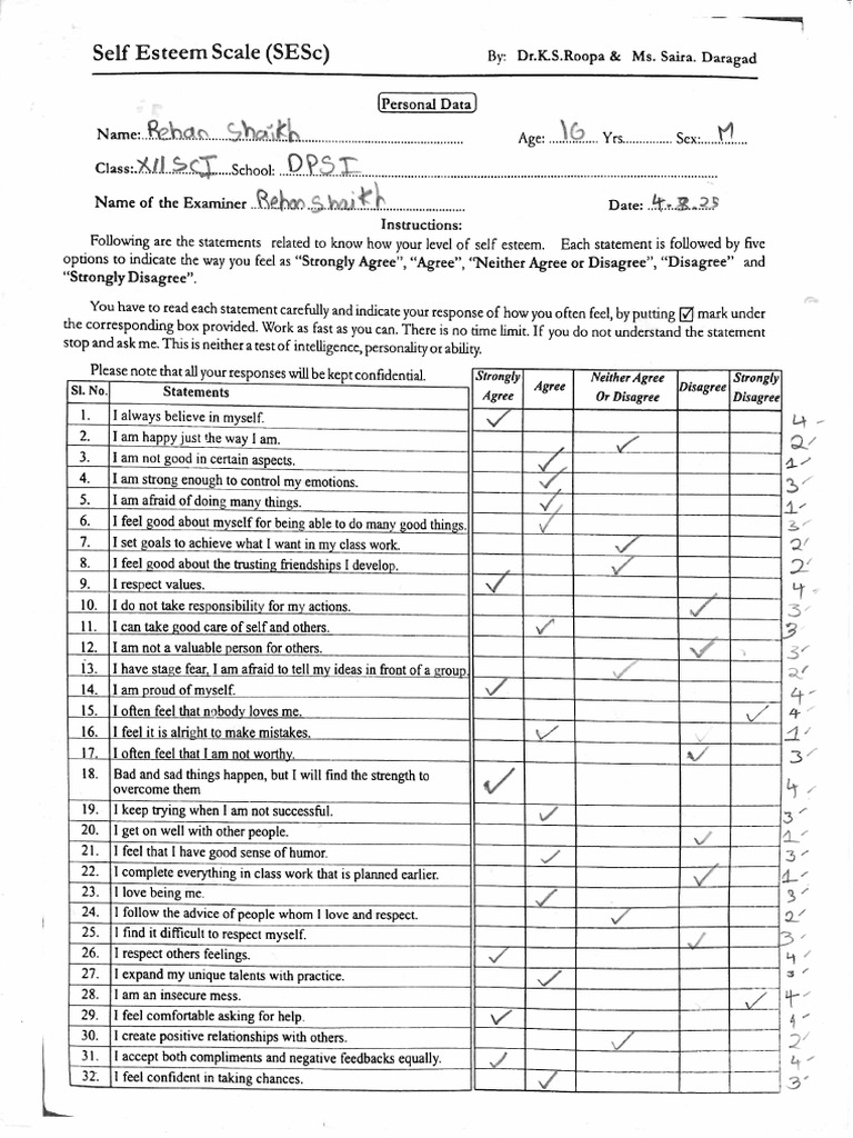 Self Esteem Scale | PDF