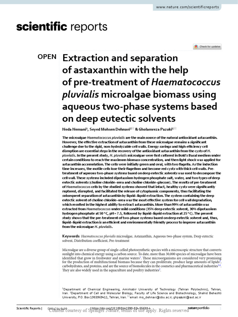 Astaxanthin Extraction from Microalgae | PDF | Ph | Hydrogen Bond