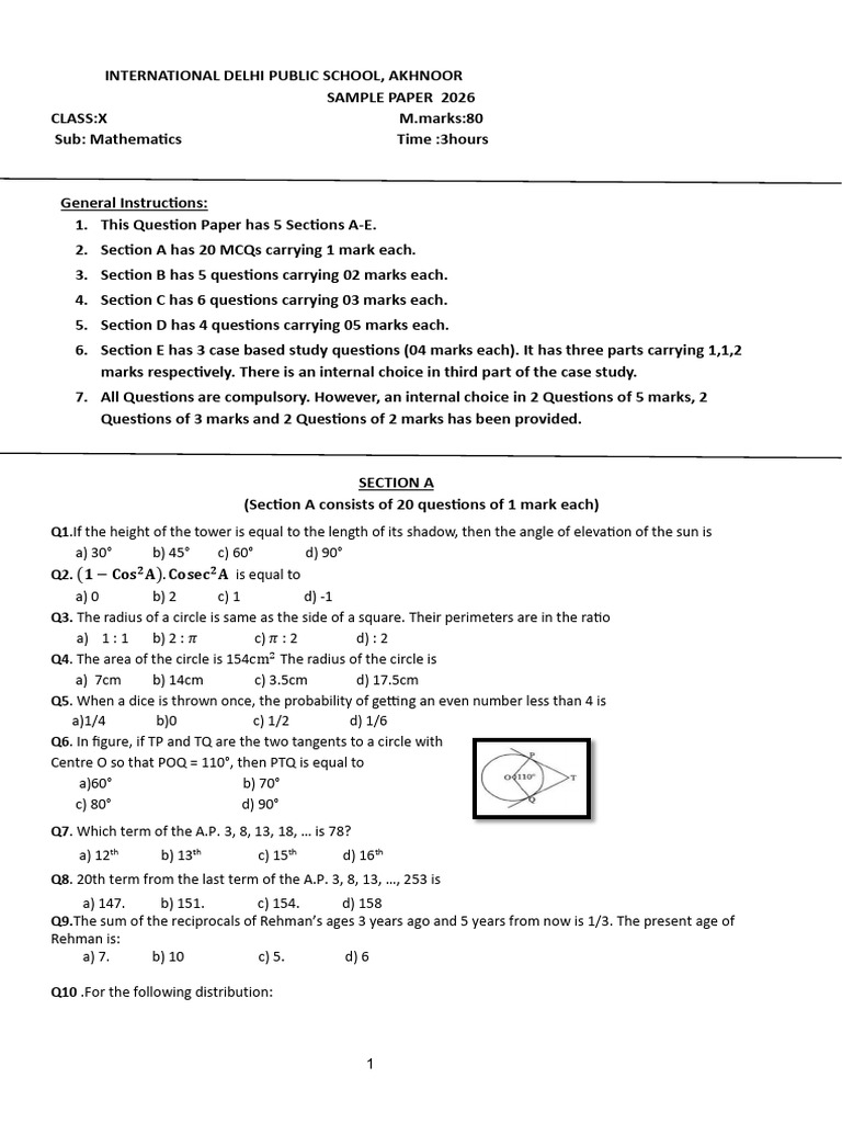 Class 10 Mathematics Sample Paper 2026 | PDF | Zero Of A Function ...