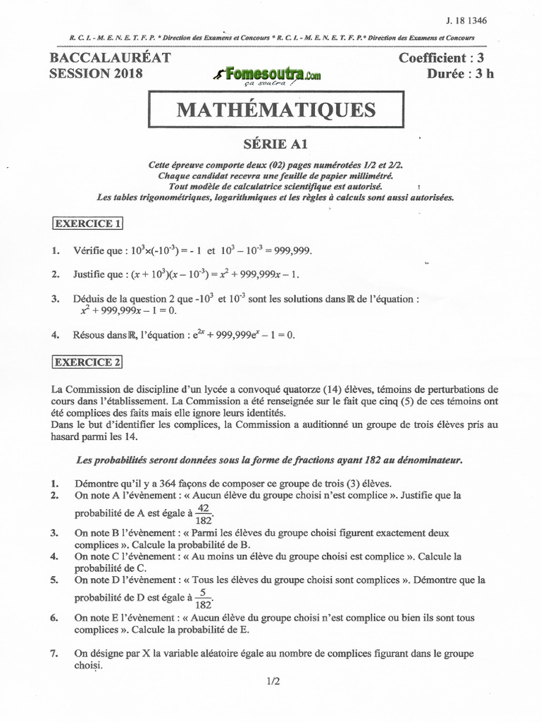 2018 Bac a1 Sujet Maths | PDF