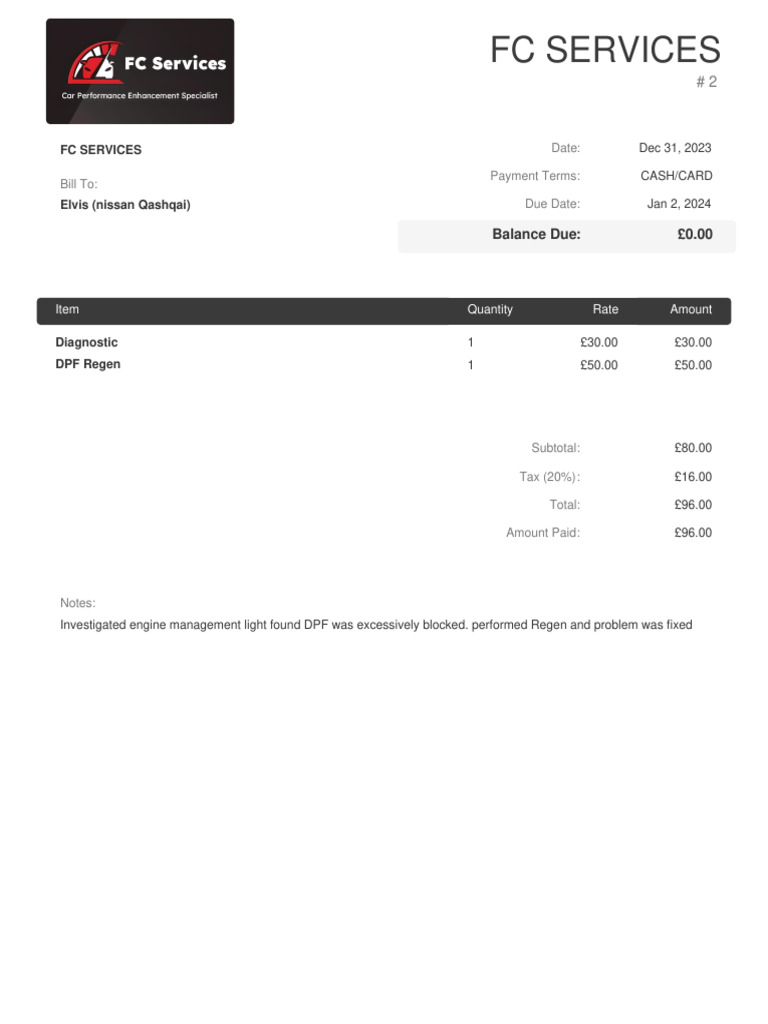 FC Services Invoice for DPF Regen | PDF