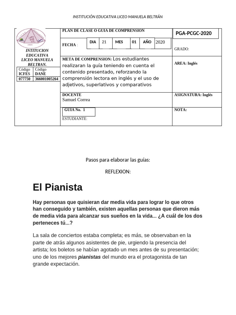 Guía de Comprensión Lectora en Inglés | PDF