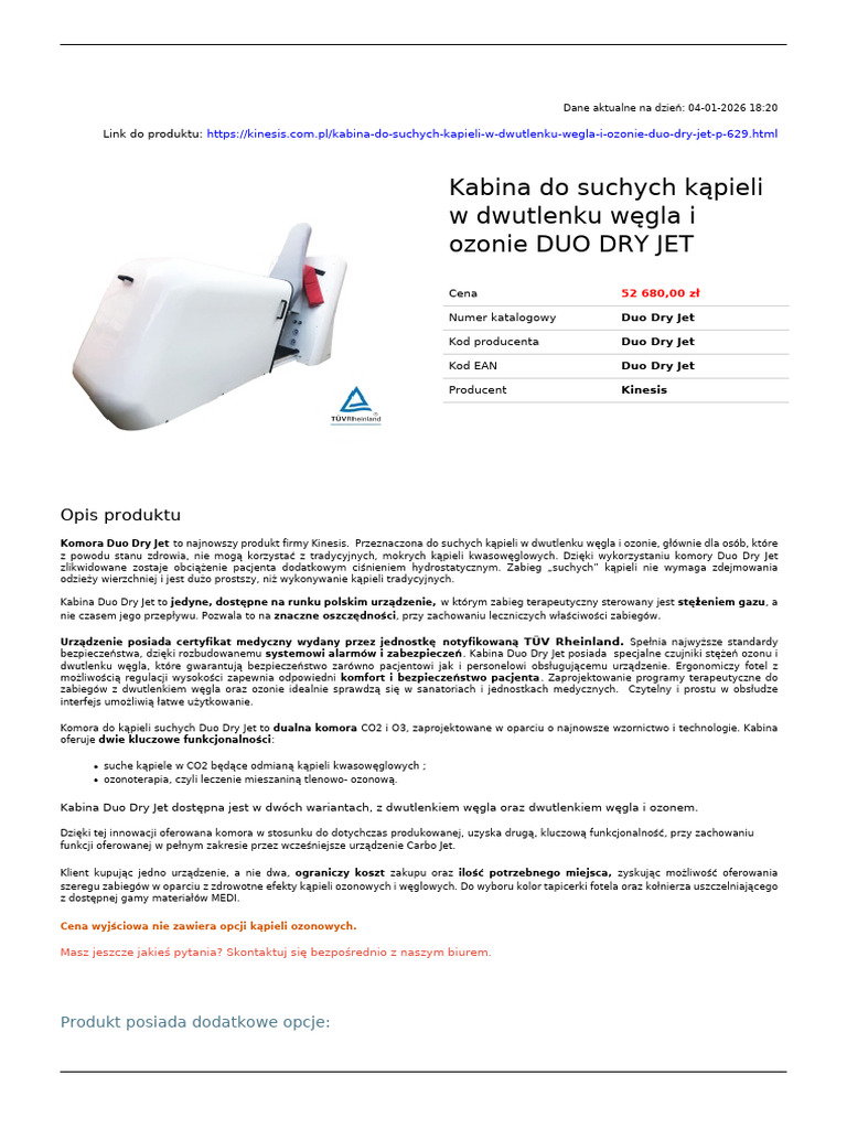 Kabina Do Suchych Kapieli w Dwutlenku Wegla i Ozonie Duo Dry Jet | PDF
