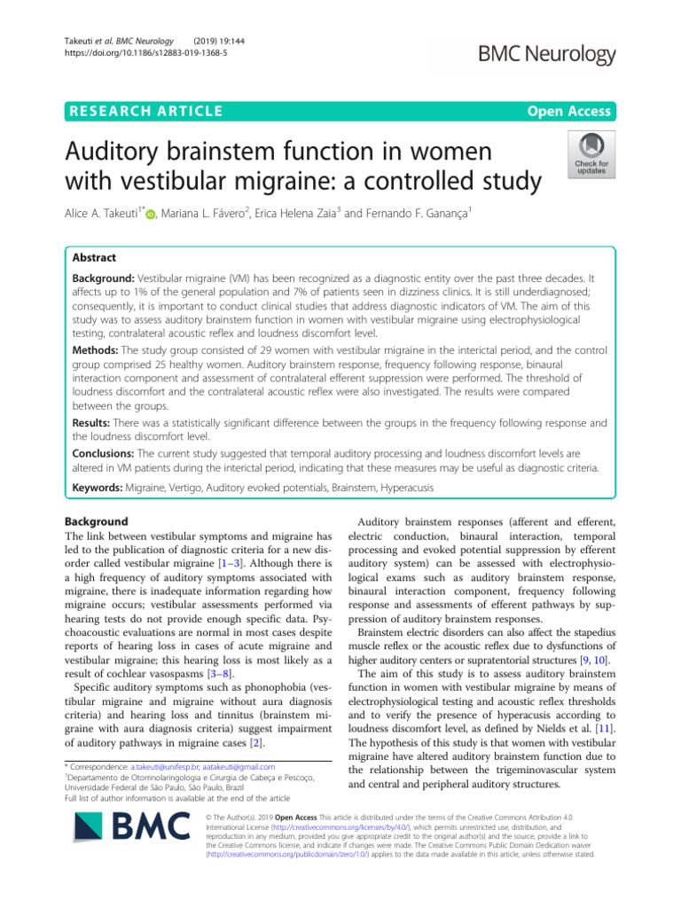 Auditory Brainstem Function in Women With Vestibular Migraine | PDF ...