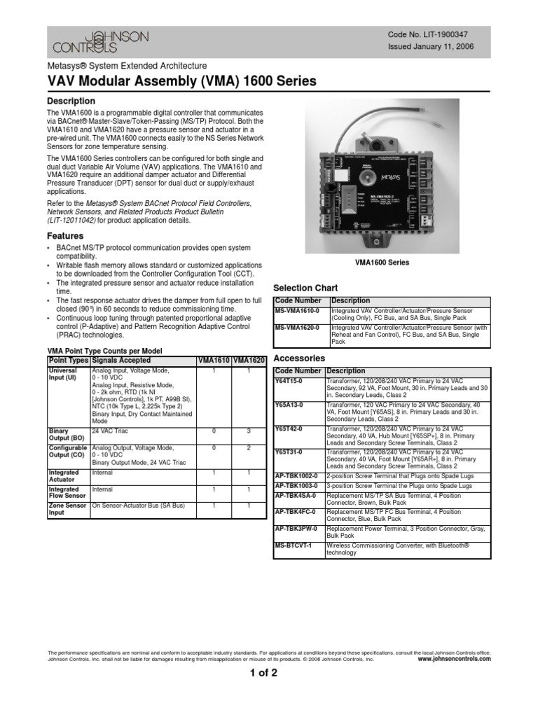 BACNET VMA1600 Series VAV Controller Product Bulletin | PDF ...