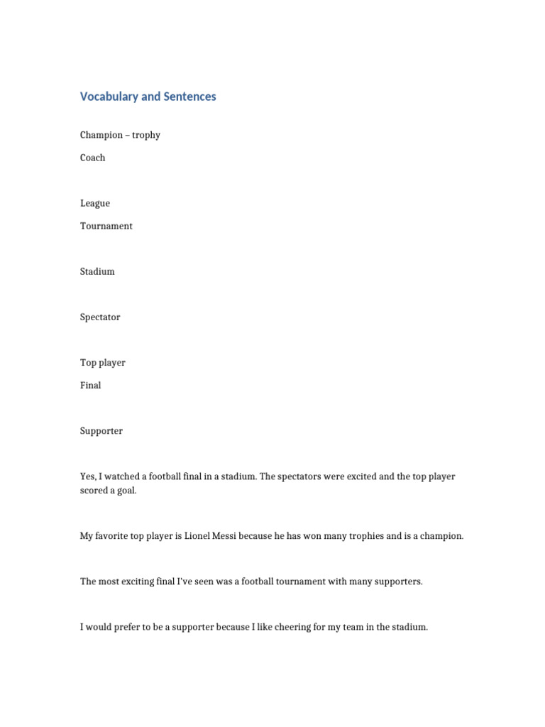 Football Vocabulary and Sentences Guide | PDF