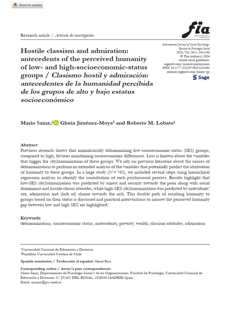 Sainz Et Al. (2024) RPS Hostile Classism and Admiration | PDF ...