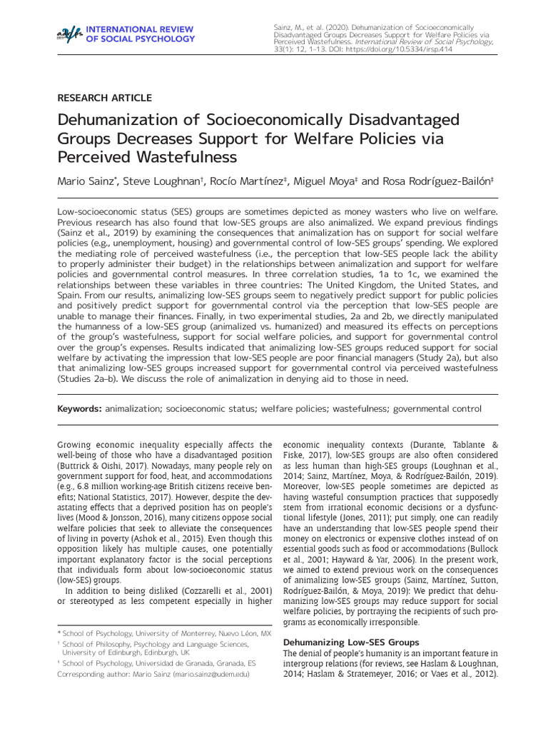 Dehumanization and Welfare Support Impact | PDF | Policy ...