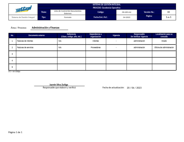 FR-OPX-02 Lista de Control de Documentos Externos | PDF