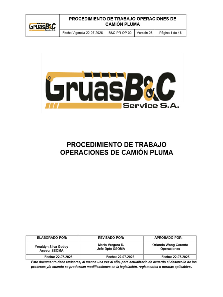 BC-PR-OP-02 Procedimiento de Izaje Camión Pluma Rev.08 (YS).PDF 16-01-2026 | PDF | Camión ...
