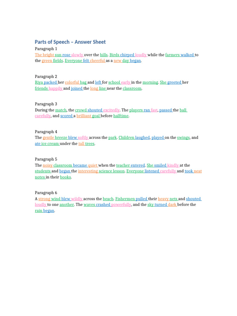 Parts of Speech Answer Sheet Guide | PDF