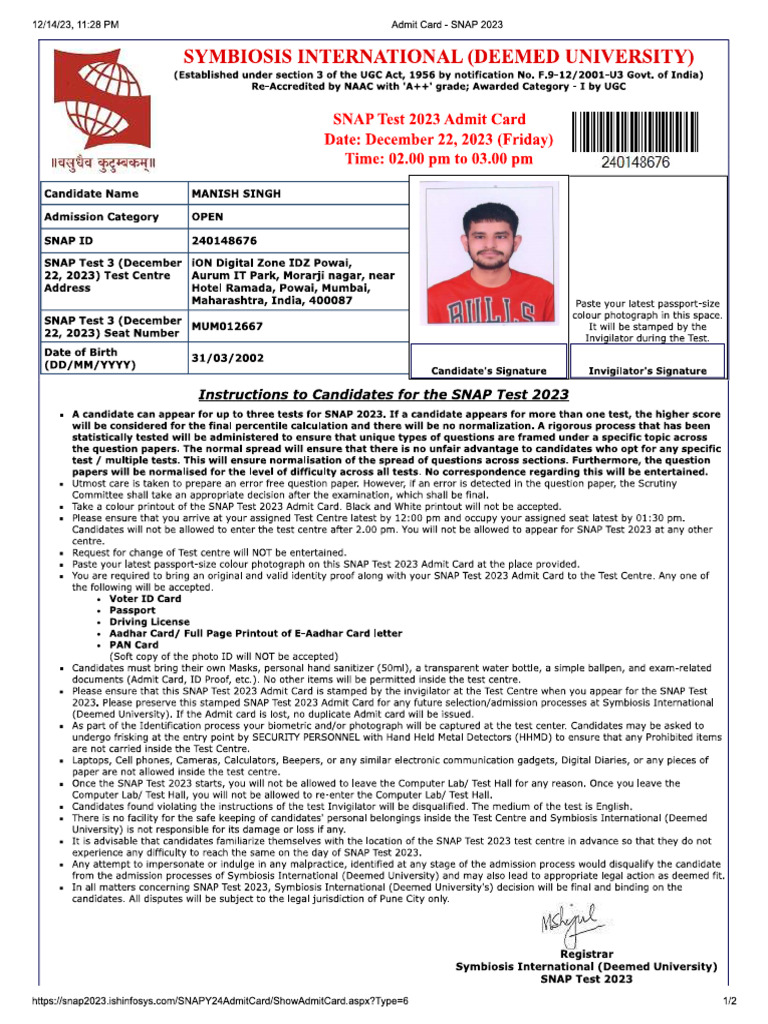 Snap Admit Card | PDF
