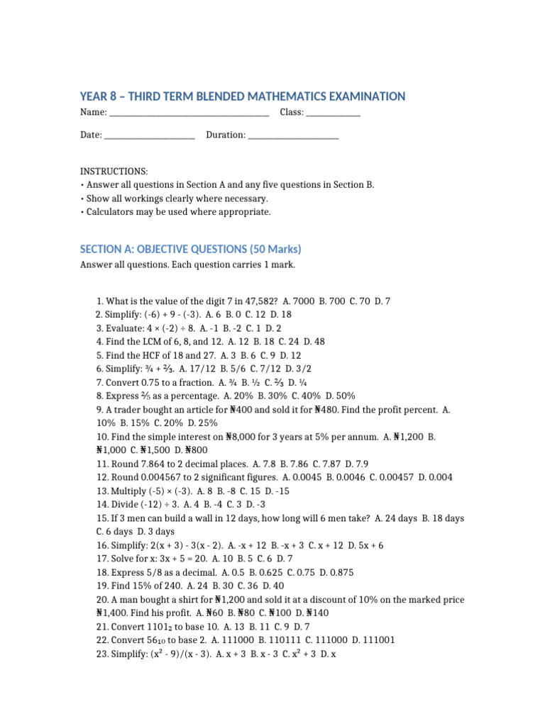 Year8 ThirdTerm Blended Mathematics Exam | PDF | Force | Acceleration