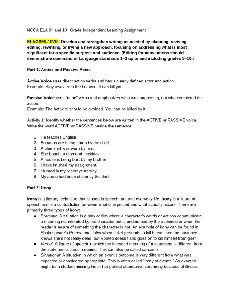 NCCA ELA 9th and 10th Grade Independent Learning Assignment | PDF ...
