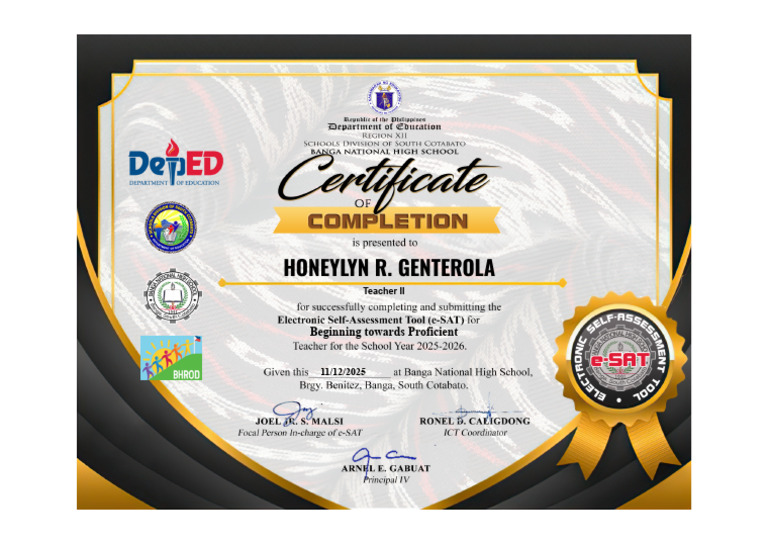 ESAT 2025-2026 Certificate - HONEYLYN R. GENTEROLA (Beginning Towards ...