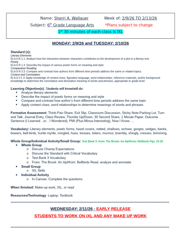6th Grade ELA Lesson Plans Overview | PDF | Narrative | Reading ...